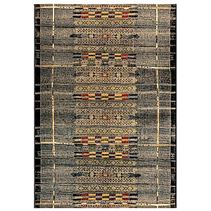 Liora Manne Marina Indoor/Outdoor Power Loomed Synthetic Blend Low Profile Area Rug - Traditional Geometric Casual Southwestern Colorful (Tribal Stripe Black) (8'10" x 11'9")