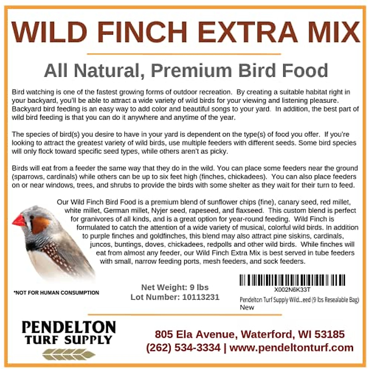 Pendelton Turf Supply Wild Finch Mix Extra | All-Natural, Premium Bird Seed (9 lbs Resealable Bag)
