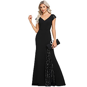 Ever-Pretty Women's Elegant Sequins Short Sleeve V Neck Long Maxi Formal Dresses Black US6