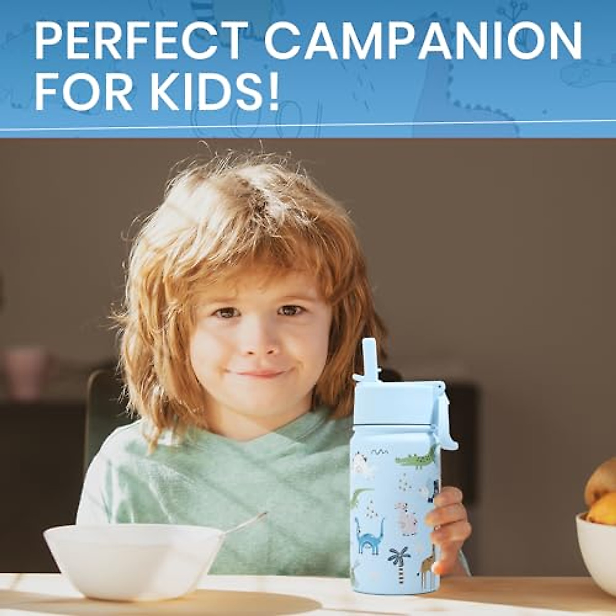 Lexlion Water Bottle 14 Oz, Triple Walled Insulated Stainless Steel Odor & Strain Resistant Reusable Bottle, 1 straw Lid, Leakproof, Metal Mug Gallon, BPA Free, Blue Zoo