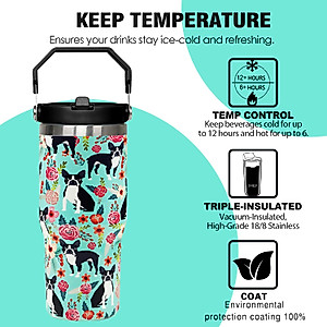 Boston Terrier Gifts Boston Terrier Tumbler with Handle and Straw, Stainless Steel Vacuum Insulated Flip Straw 30 oz Spill Proof Coffee Travel Mug Boston Terrier Lovers Gifts