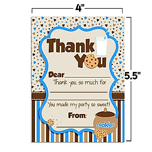 Milk & Cookies Blue & Brown Birthday Thank You Notes, Ten 4" x 5.5" Fill In The Blank Cards with 10 White Envelopes by AmandaCreation