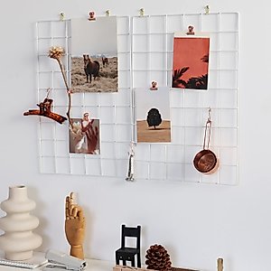 FRIADE Wall Grid Panel for Photo Display,Wall Storage Organizer,5 Metal Clips & 3 S Hooks & 4 Nails & 4 Plastic Hanging Buckles and 4 Screws Offered,Size 17.5" x 11.8",Set of 2 (White)