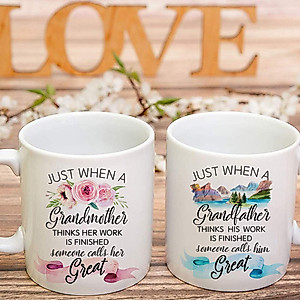 Great Grandparent Coffee Mug Set, Pregnancy Announcement, Just When a Grandpa Grandma think their work is done Mug, Great Grandparents Baby Showers Gift, Grandparent Mug Set of 2 Gift-148