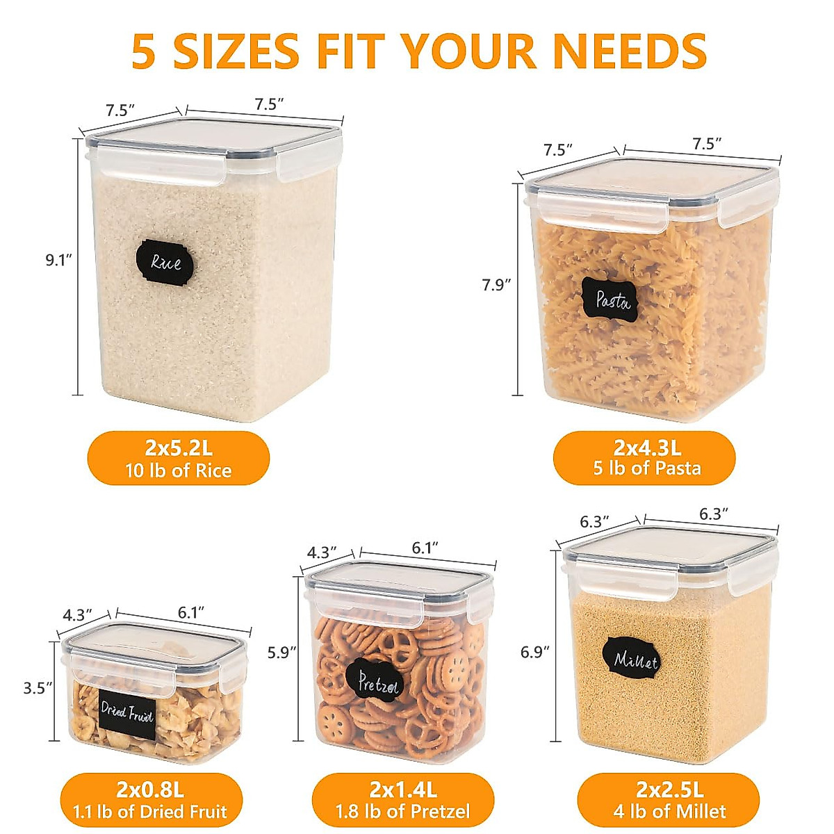 GiFBERA Flour and Sugar Containers with Lids 10 Pack - Large Cereal Containers for Kitchen and Pantry Organization, BPA Free Airtight Food Storage Containers with Marker & Labels