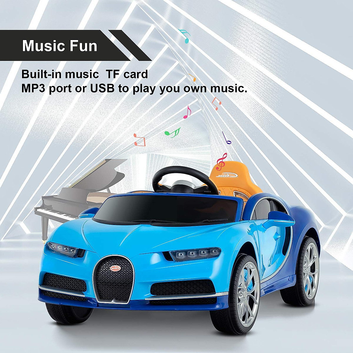 Uenjoy 12V Licensed Bugatti Chiron Kids Ride On Car Battery Operated Electric Cars for Kids with RC Remote Control, LED Lights, Music& Horn, Storage Room, Blue