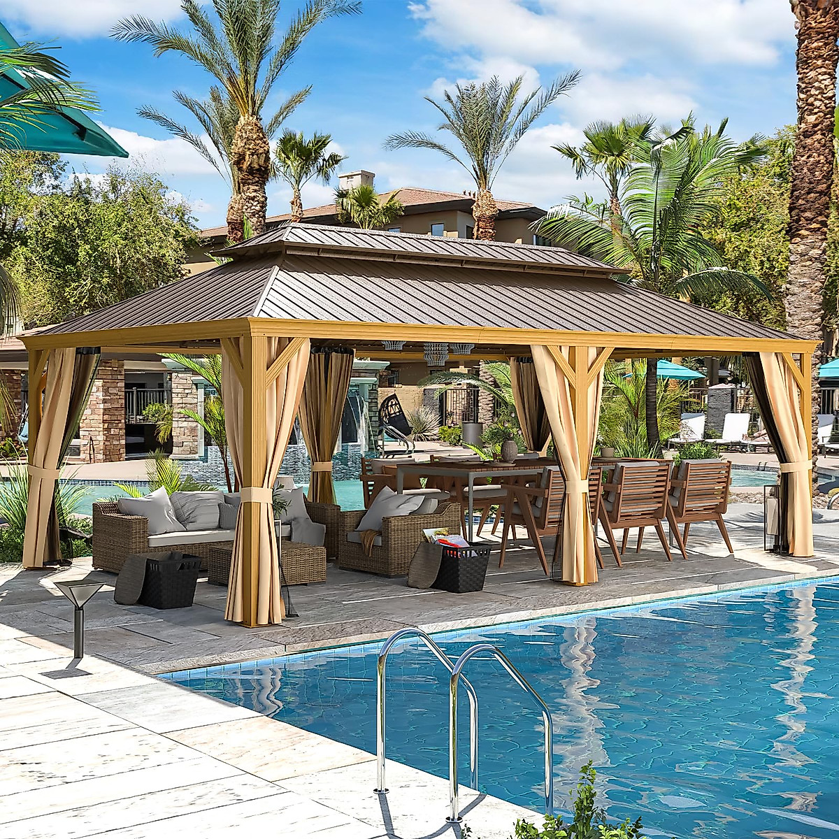 EROMMY 14'x22' Hardtop Gazebo, Galvanized Steel Double Roof with Wood Grain Aluminum Frame, Outdoor Gazebo with Curtains and Nettings for Patio, Backyard and Deck