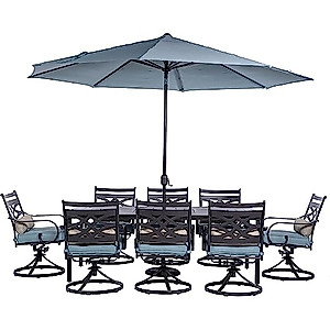 Hanover Montclair 9-Piece All-Weather Outdoor Patio Dining Set, 8 Swivel Rocker Chairs with Comfortable Seat and Lumbar Cushions, 84"x42" Stamped Rectangle Table, Umbrella, and Umbrella Base