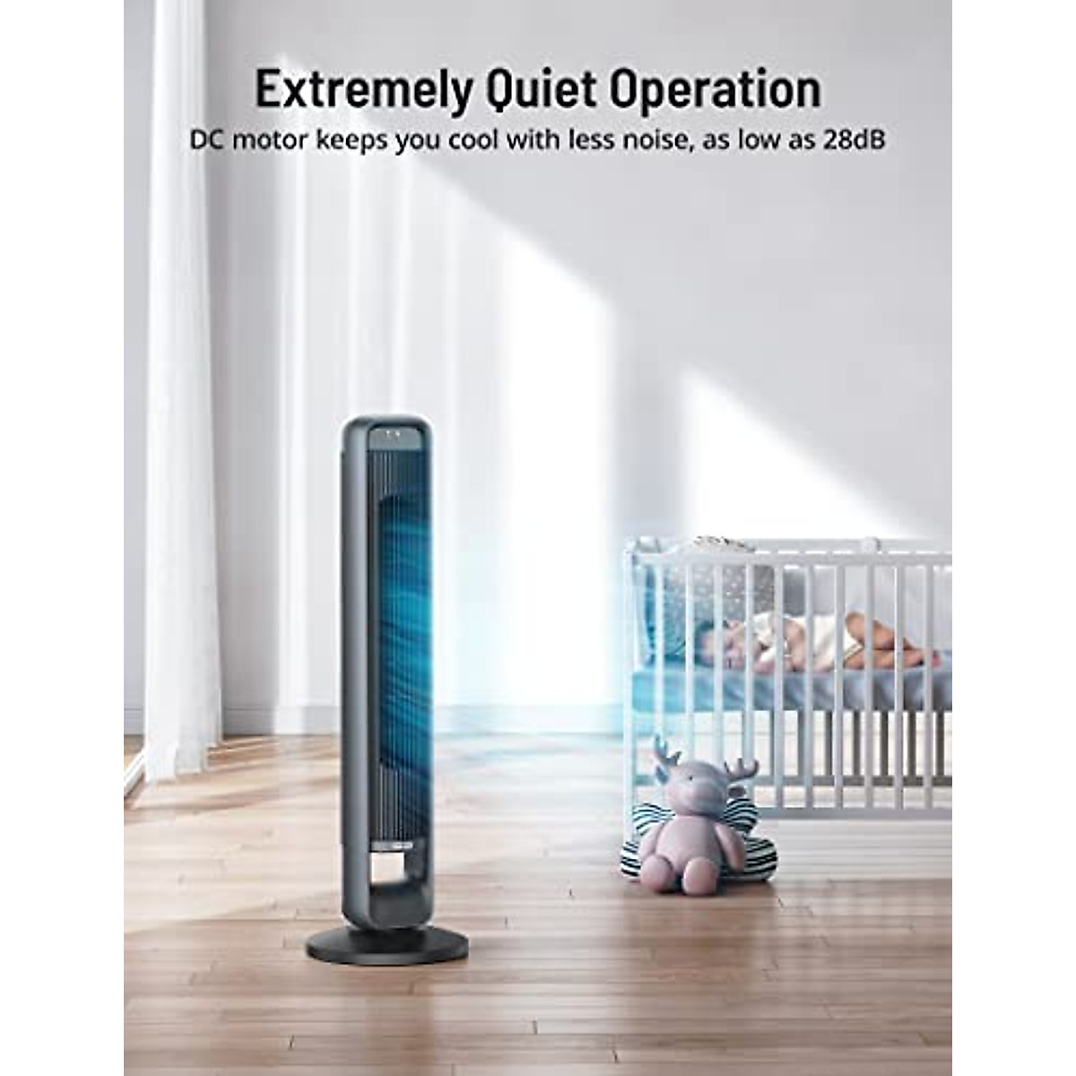 PARIS RHÔNE Tower Fan 42 Inch,42”90° Oscillating Fan,DC Motor,28dB,12 Speeds,4 Modes,12H Timer,LED Display,Floor Standing Fan with Remote,Quiet Cooling Bladeless Fan with Remote for Room or Office