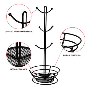 Black Metal Coffee Mug Holder for Countertop, Mugs Tree for 6 Cups with Coffee Pod Holder Storage Basket
