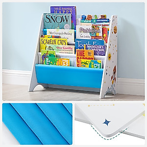 SONGMICS Kids’ Bookcase, Book Organizer, with Anti-Tip Kit, Storage Shelf for Children's Room, Playroom, School, Space-Saving Design, White, Blue and Gray UGKR72WT 11D x 24.6W x 23.6H in