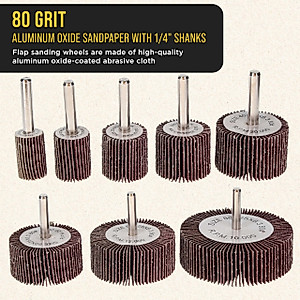 Dura-Gold 40-Piece 1/4" Shank Abrasive Flap Wheel Sander Set, 80 Grit Aluminum Oxide Sandpaper - 8 Cylindrical Diameter Sanding Wheel Sizes - Use Drills, Grinders to Sand Grind Strip Metal, Wood Paint