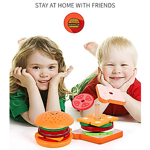 Wooden Burger Sandwich Stacking Toys for Kids, Play Food Toy for Toddlers, Montessori Toys for 3 Year Old, Preschool Educational Toys to Develop Fine Motor Skills
