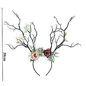 XIDAJIE Deer Antler Flower Crown Headbands Halloween Chritmas Long Antler Flower Branches Headband Props Horns Headpieces Hair Band Photo Shoot Forest Goddess Headdress Headwear, Light Brown