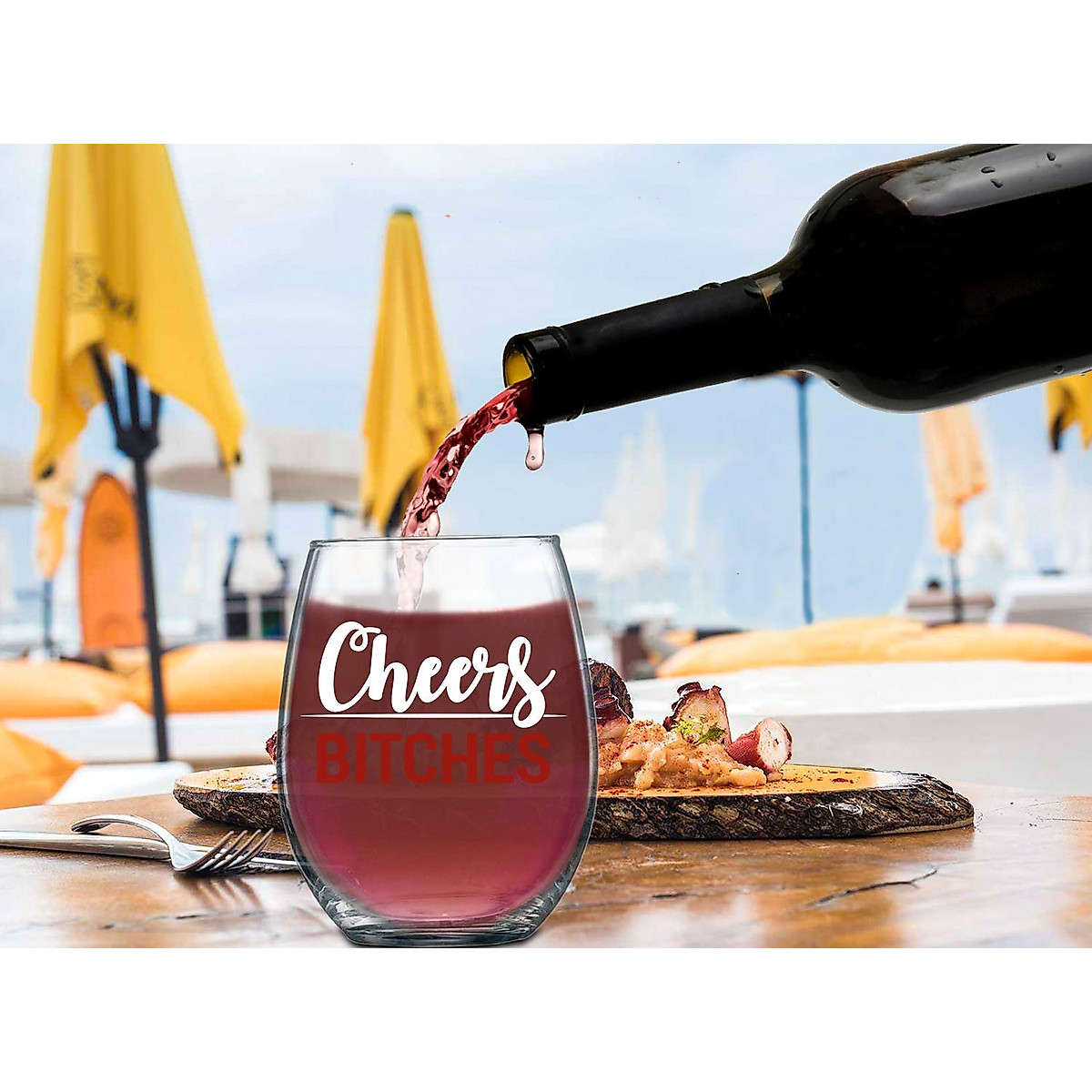 Cheers Bitches - 15oz Funny Stemless Crystal Wine Glass Cute Bachelorette, Bridesmaid Wedding Party Cheers Beautiful Bestie
