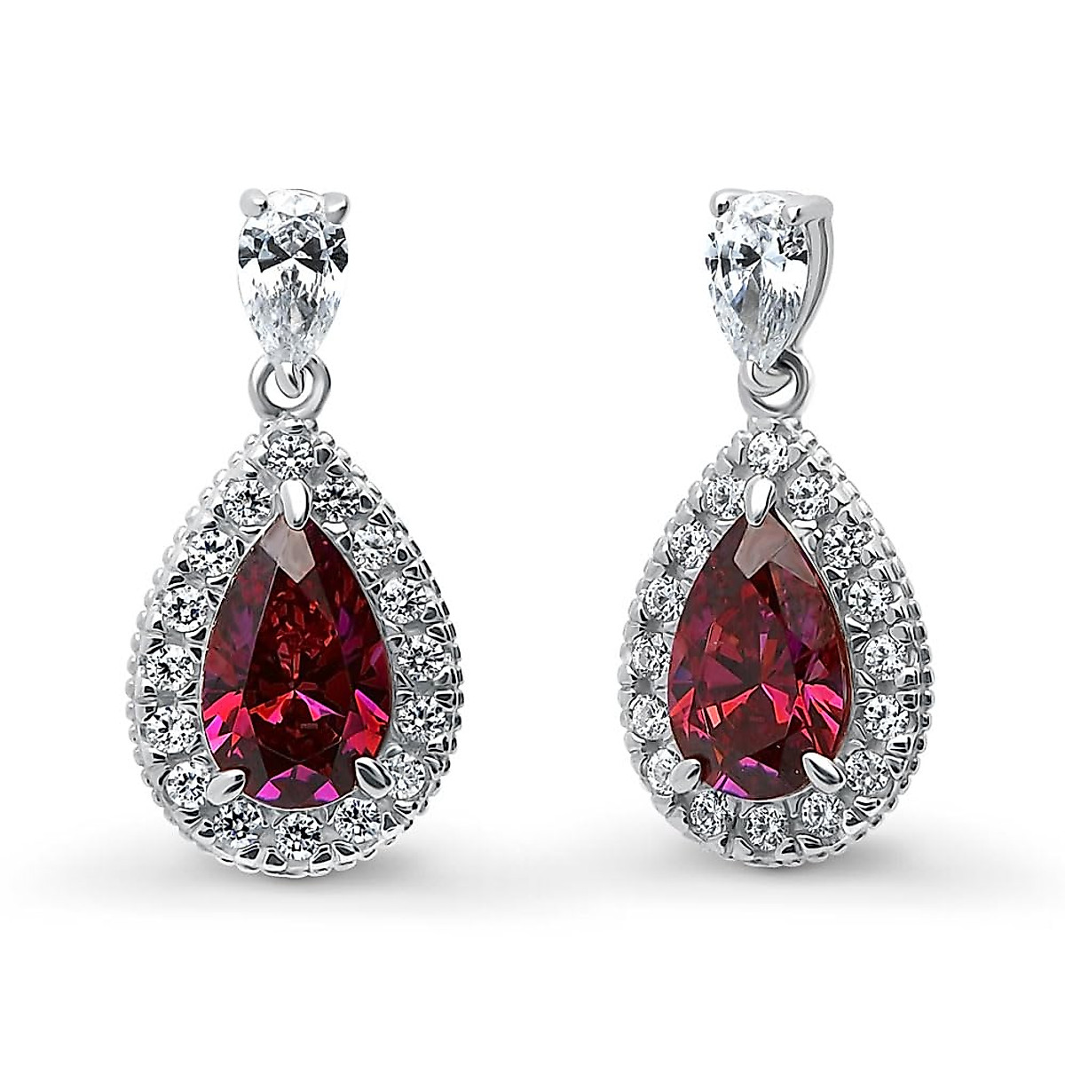 BERRICLE Sterling Silver Red Cubic Zirconia CZ Fashion Dangle Drop Earrings for Women, Rhodium Plated