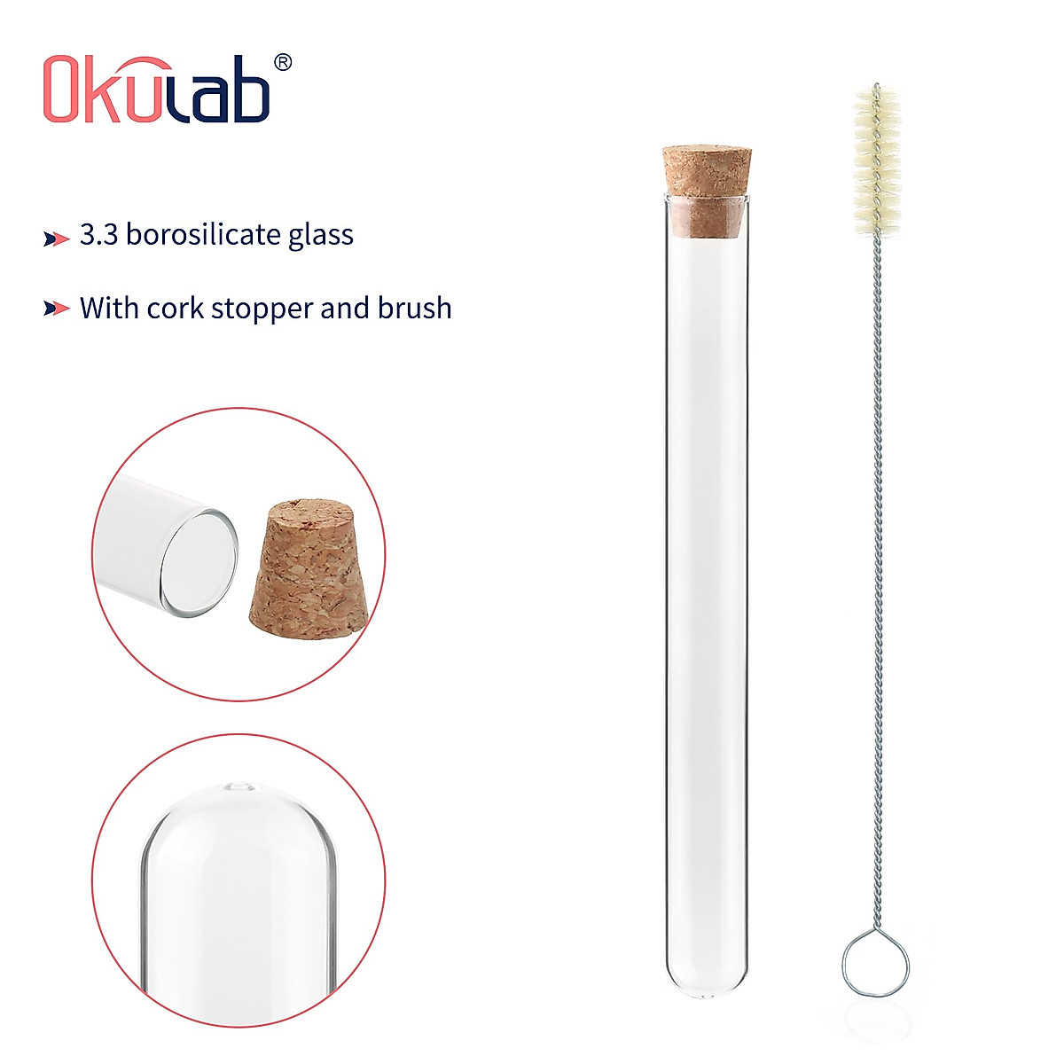 Okulab Clear Glass Test Tubes 50PCS, 16x150mm (20ml) Glass Test Tube with Cap and Brush for Scientific Plants, TTGS02A50
