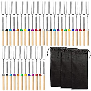 36 Pcs Marshmallow Roasting Sticks Campfire Smores Skewers for Fire Pit 32 Inch Long Extendable Fork Smores Sticks with Wooden Handle 3 Pcs Storage Bag for Cooking Grill Hot Dog Camping Accessories