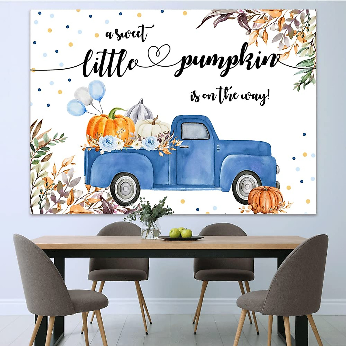 Little Pumpkin Baby Shower Decorations for Boy Fall Backdrop A Sweet Little Pumpkin is On The Way Its a Boy Blue Truck Leaves Autumn Thanksgiving Day Background Photography Party Banner Supplies 7x5ft