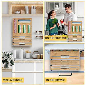 Chef's Haven 9 IN 1 Storage Bag Organizer, Foil and Plastic Wrap Organizer with Cutters, Bamboo Kitchen Baggie Organizer for Drawer, Pantry & Countertop, Storage for Gallon, Quart, Sandwich, Snack Bag