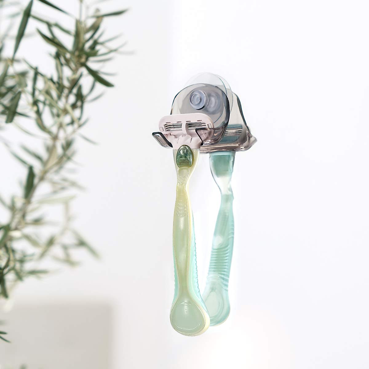 kwmobile 2x Razor Holder with Suction Cup - Self-Adhesive Shaver Wall Mount - Bathroom Organizer for Glass and Tiles - Black/Light Blue/Transparent