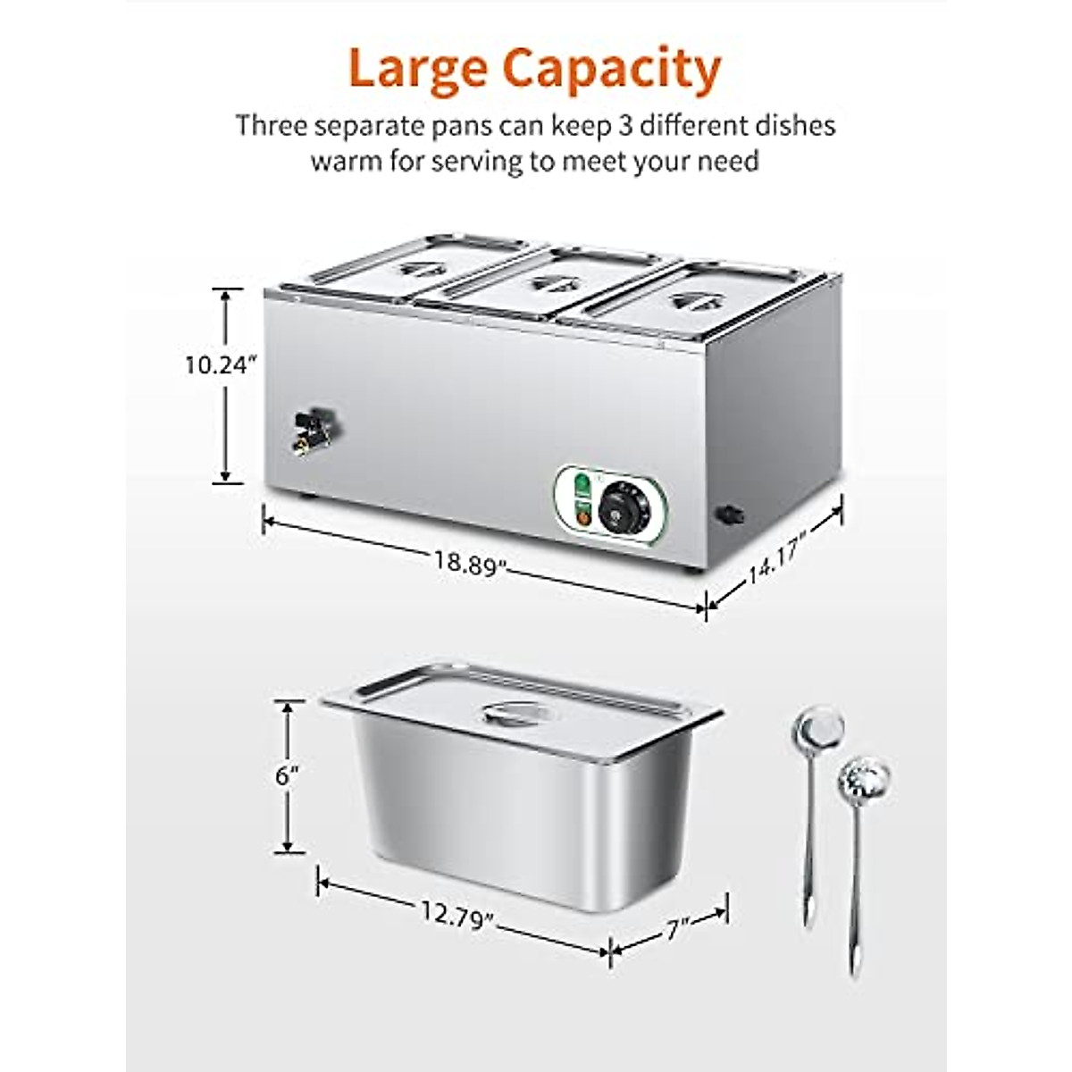 3- Pan Commercial Bain Marie Buffet Food Warmer Large Capacity 21 Quart Electric Steam Table 6'' Deep Stainless Steel Countertop Food Warmer for Parties, Catering and Restaurants