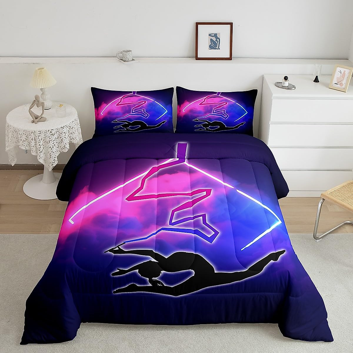 Manfei Gymnastics Comforter Set Queen Size, Fashion Sports Theme Bedding Set 3pcs for Kids Boys Girls Room Decor, Modern Rhythmic Art Quilt Set Soft Polyester Duvet Set with 2 Pillowcases