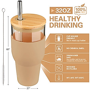 kytffu 32oz Glass Tumbler with Straw and Lid, Reusable Boba Smoothie Cup Iced Coffee Tumbler with Silicone Sleeve, Fits Cup Holder Glass Water Bottle BPA Free, Olive + Amber
