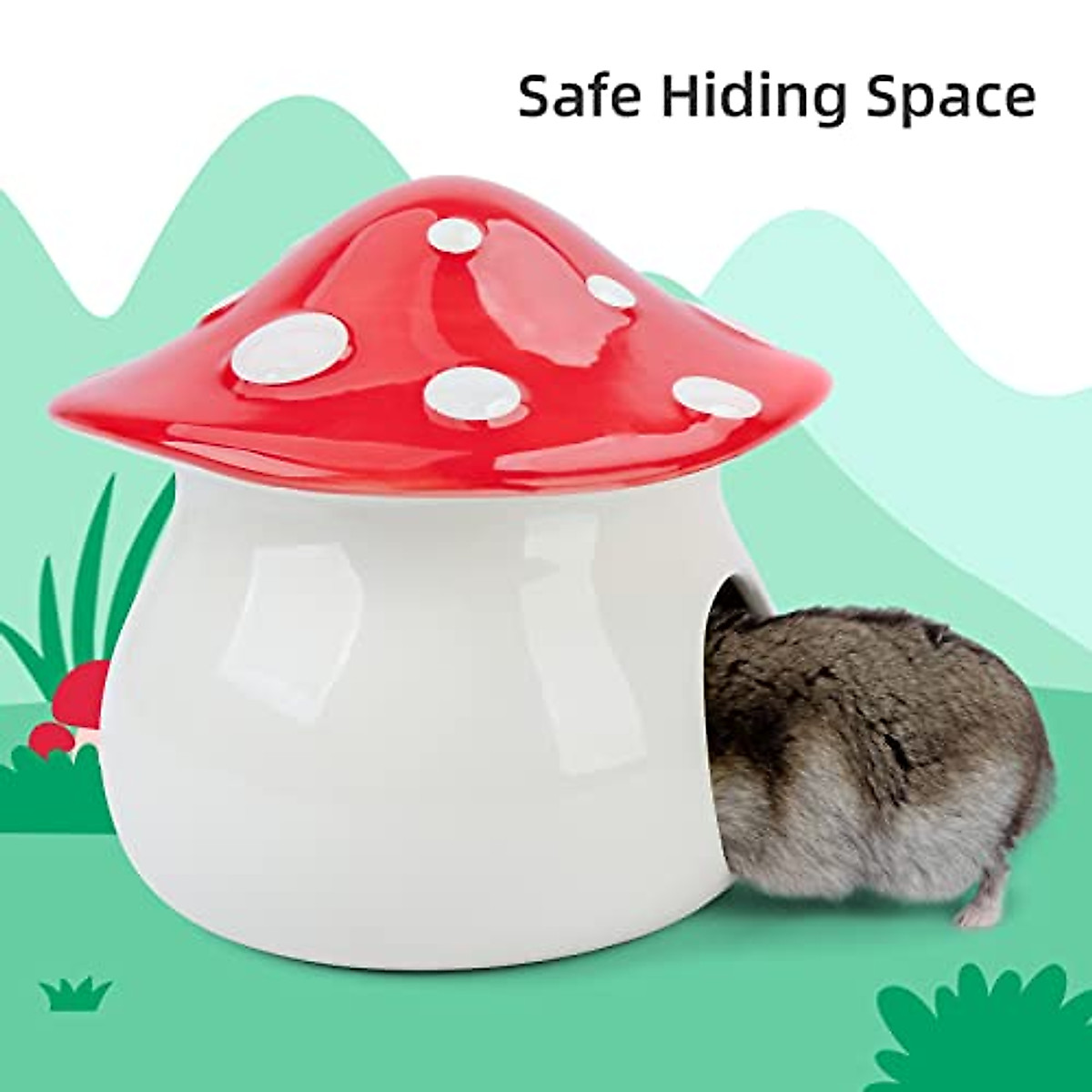 Niteangel Ceramic Hamster Habitat Hideout: - Hideaway House for Syrian Dwarf Hamster Mice Gerbils Lemmings or Other Similar-Sized Small Pet (Mushroom-Shaped)