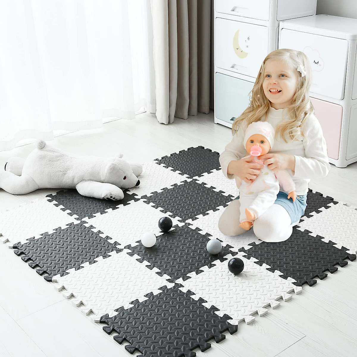 Tamiplay Foam Play Mat for Baby, 0.4 Inch EVA Soft Non-Toxic Baby Playmat, Interlocking Floor Mats, Solid Colored Foam Puzzled Floor Mats, Baby Play Mat Exercise Mats, 16 Tiles(White/Black)