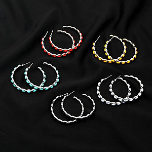 Pingyongchang Boho Turquoise Hoop Earrings for Women Natural Stone Teardrop Beaded Western Cowgirl Statement Earrings Vintage Ethnic Jewelry Gift-Red