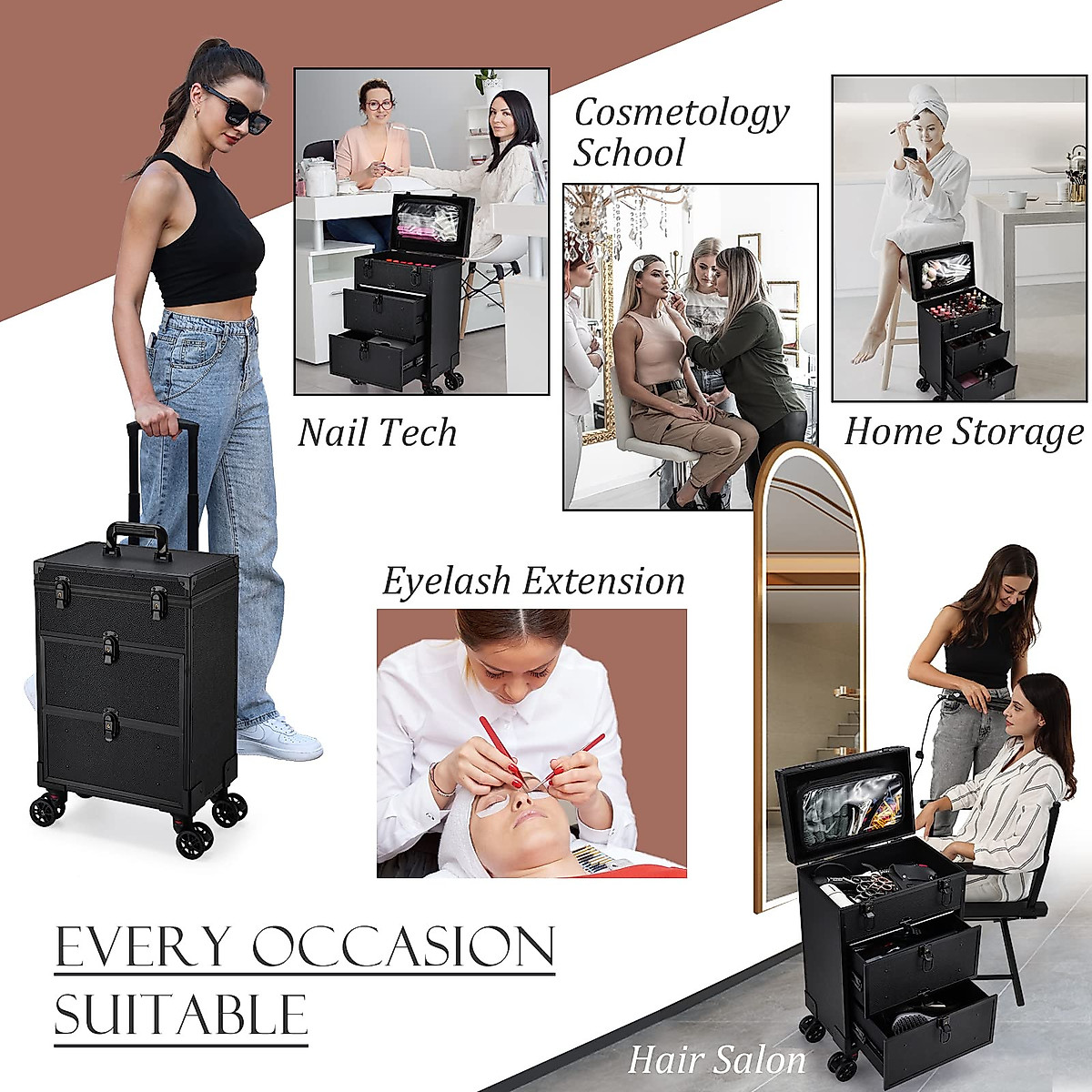 Professional 3 in 1 Rolling Makeup Case Cosmetology Case on Wheels 2 Large Drawer Nail Case Trolley Traveling Cosmetic Train Case with Makeup Pouch for Artists Nail Technician Salon Cart Trunk Black