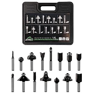 BATOCA 1/4“ Shank Router Bits Set of 15 Pcs, Tungsten Carbide Router Bits Set for Woodworking Project, Solid Woods, Hard Woods, Chipboard, MDF, DIY, and Carpenter