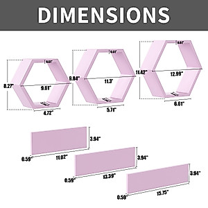 LUDORU Wooden Hexagon Floating Shelves Wall Mounted,Set of 6 Pine Hexagon Shelves Display for Photos,Plants,Rustic Honeycomb Shelves for Living Room,Bedroom,Bathroom, Kitchen, Office Decor, Pink