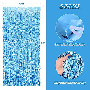 PIGETALE 2 Pack 3.2x6.5 Feet Wavy Blue Backdrop Curtain Tinsel Streamers Foil Fringe Backdrop Ocean Themed Decor Baby Shower Bachelorette Disco Winter Under The Sea Summer Pool Beach Party Decorations