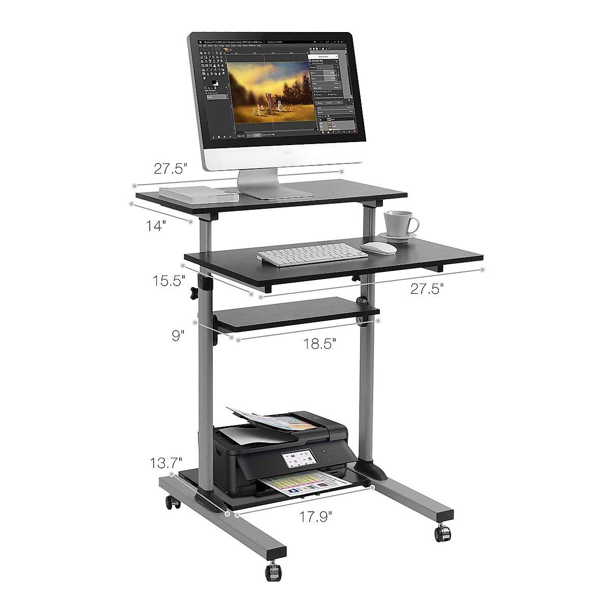 TechOrbits White Mobile Standing Desk Rolling Workstation Cart - Stand Up Media Podium Mobile Desk