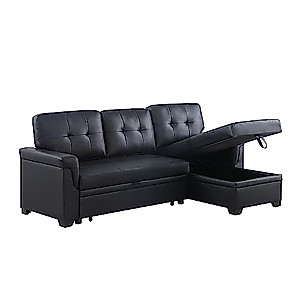 Evedy Reversible Sleeper Sectional Sofa with Storage Chaise,Living Room Furniture Set,L-Shaped Couch with Pull-Out Sofa Bed,PU Leather Upholstered Sofas & Couches for Apartment/Lounge-Black