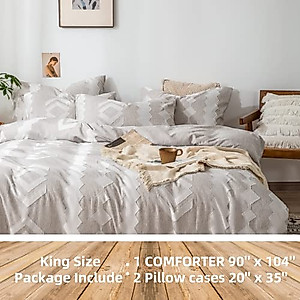 PERFEMET 3-Pieces Boho Tufted Shabby Comforter Set King Size Farmhouse Country Style Geometric Bedding Set for Girls Adult Embroidery Jacquard Ultra Soft Neutral Quilt/Bedspread Set (Light-Gray,King)