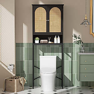Rattan Toilet Storage Cabinet, Over The Rack Wood Cabinet with Metal Stand, Bathroom Organizer with Adjustable Shelf, Tall Freestanding Washer Shelf, Small Cupboard, Space Saver, Natural style, Black