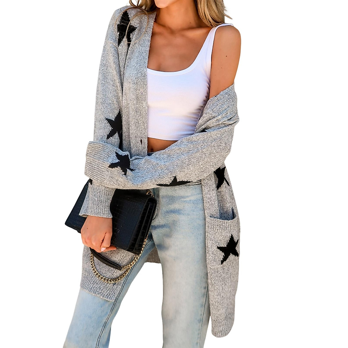 CUPSHE Womens 2024 Fall Open Front Long Sleeve Star Print Knit Cardigan Sweaters Outwear with Pockets Grey, XL