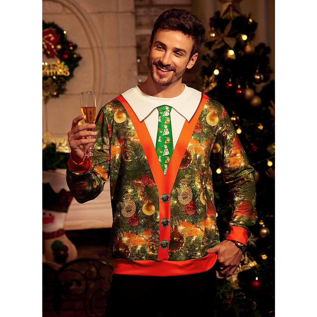 Arvilhill Christmas Men's Ugly Holiday Party Sweatshirt Tie Printed Light Bulb Long Sleeve Sweater Xmas Bells 2XL