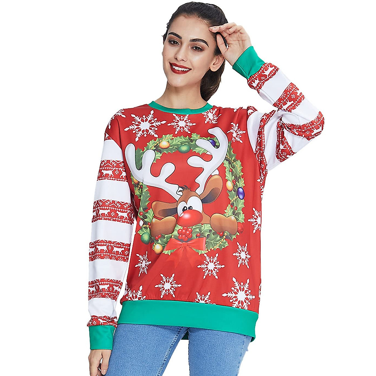 Ahegao Ugly Christmas Sweaters for Men Women Fancy Cute Deer Garments Xmas Crazy Shirts Coat Stylish Eye Catching Personalized Pullover Sweatshirts for Male Guys Festival Party Clothing XL