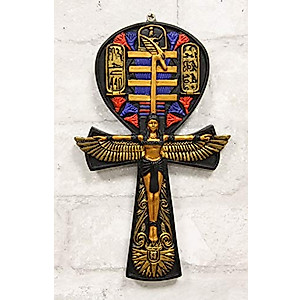 Ebros Crux Ansata Egyptian Ankh Of Isis With Open Wings And Cartouche Hieroglyphs Wall Decor Accent 3D Plaque Figurine 7.5" High Symbol of Life And Balance Gods Of Egypt (Colorful Black And Gold)