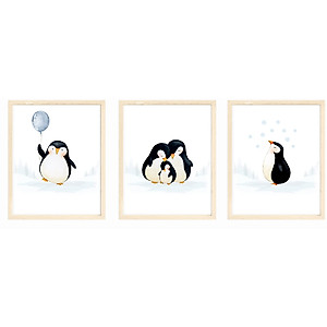 bumbleboo Baby Penguin Nursery Wall Prints, Play Room Decoration, Nursery Wall Art, Nursery Room Decor, Penguin Family Print Set, Unframed, Set of 3 Prints, 8x10 (Blue)