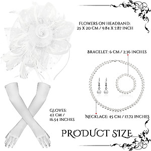 Yaomiao 5 Pcs 1920s Fascinators Feather Headband Pearl Jewelry Gloves for Women Tea Party Halloween Church Derby(White)