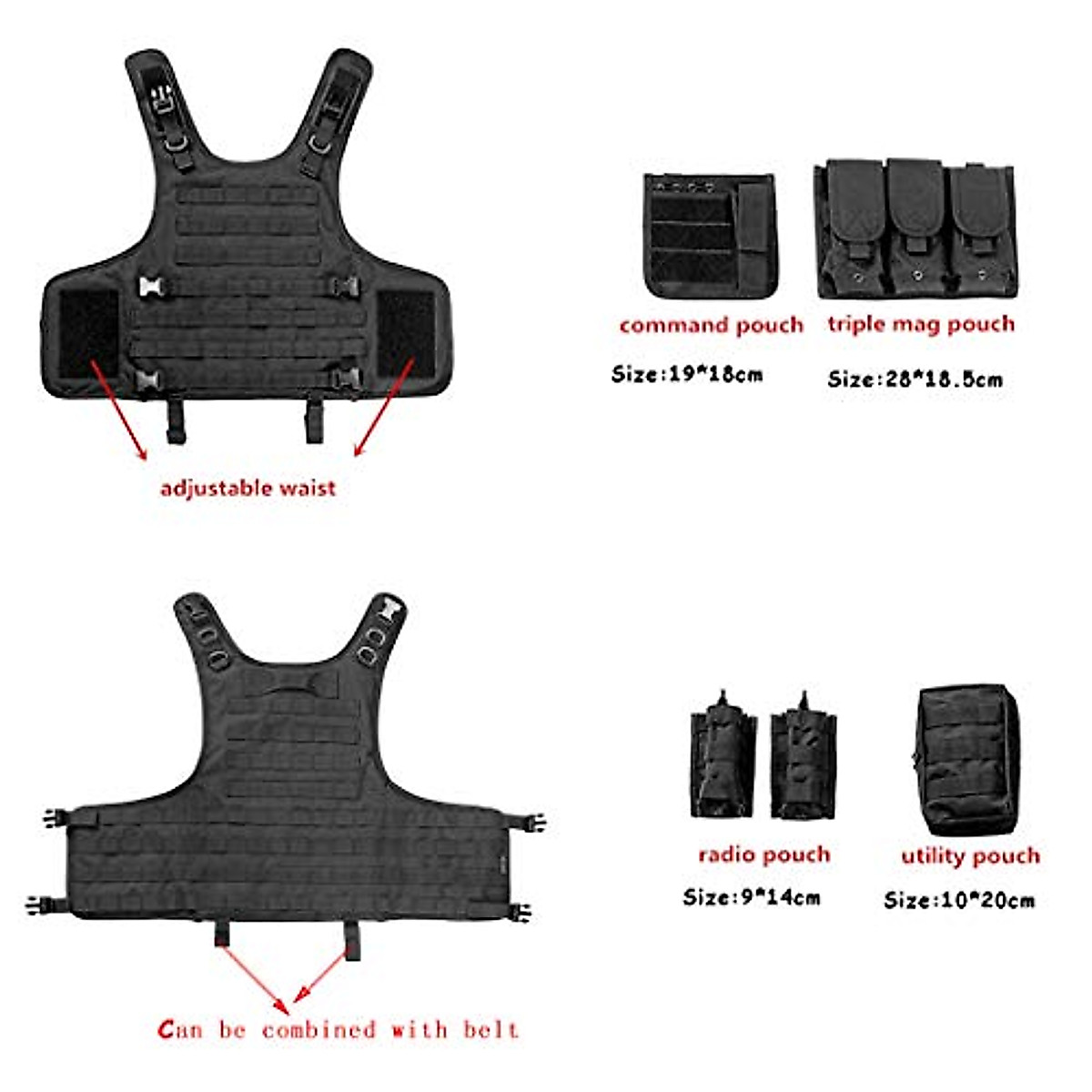 YAKEDA Outdoor Tactical Airsoft Vest Adjustable Fit Adult (Black)