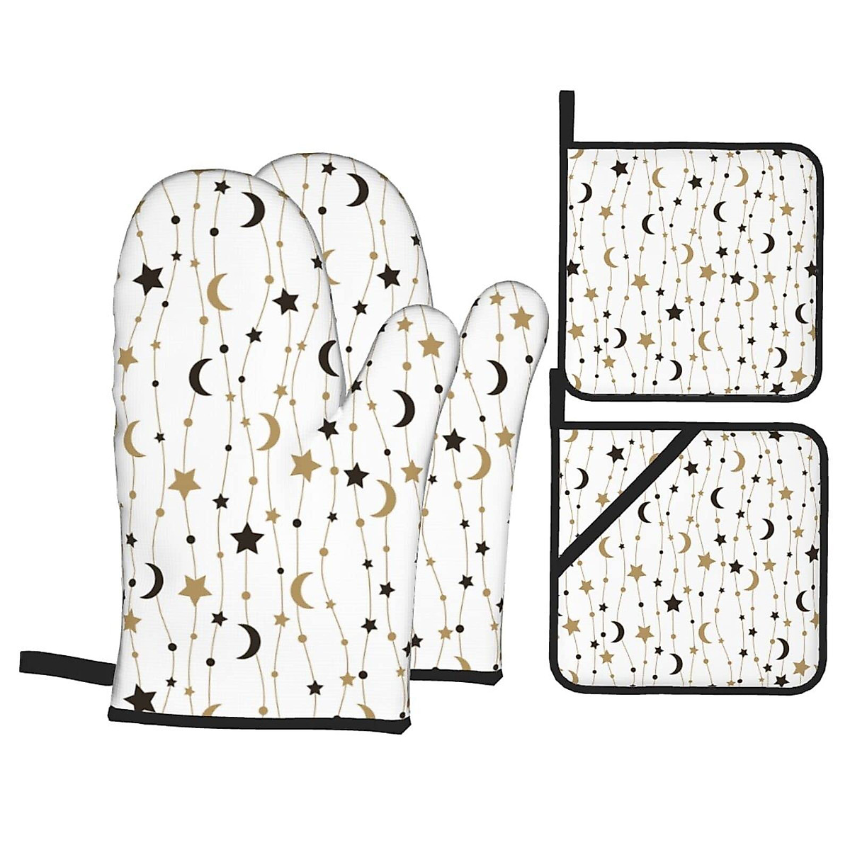 Oven Mitts and Pot Holders Sets 4 Piece, Black Gold Moon Stars Oven Gloves Heat Resistant Non-Slip for Kitchen Cooking Grilling Baking