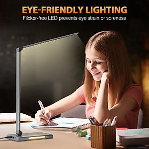 LED Desk Lamps,Dimmable Table Lamps with USB Charging Port,5 Color Temperature Modes,5 Brightness Levels,Eye-Caring Office Lamp with Touch Control for Home Bedroom (Silver)
