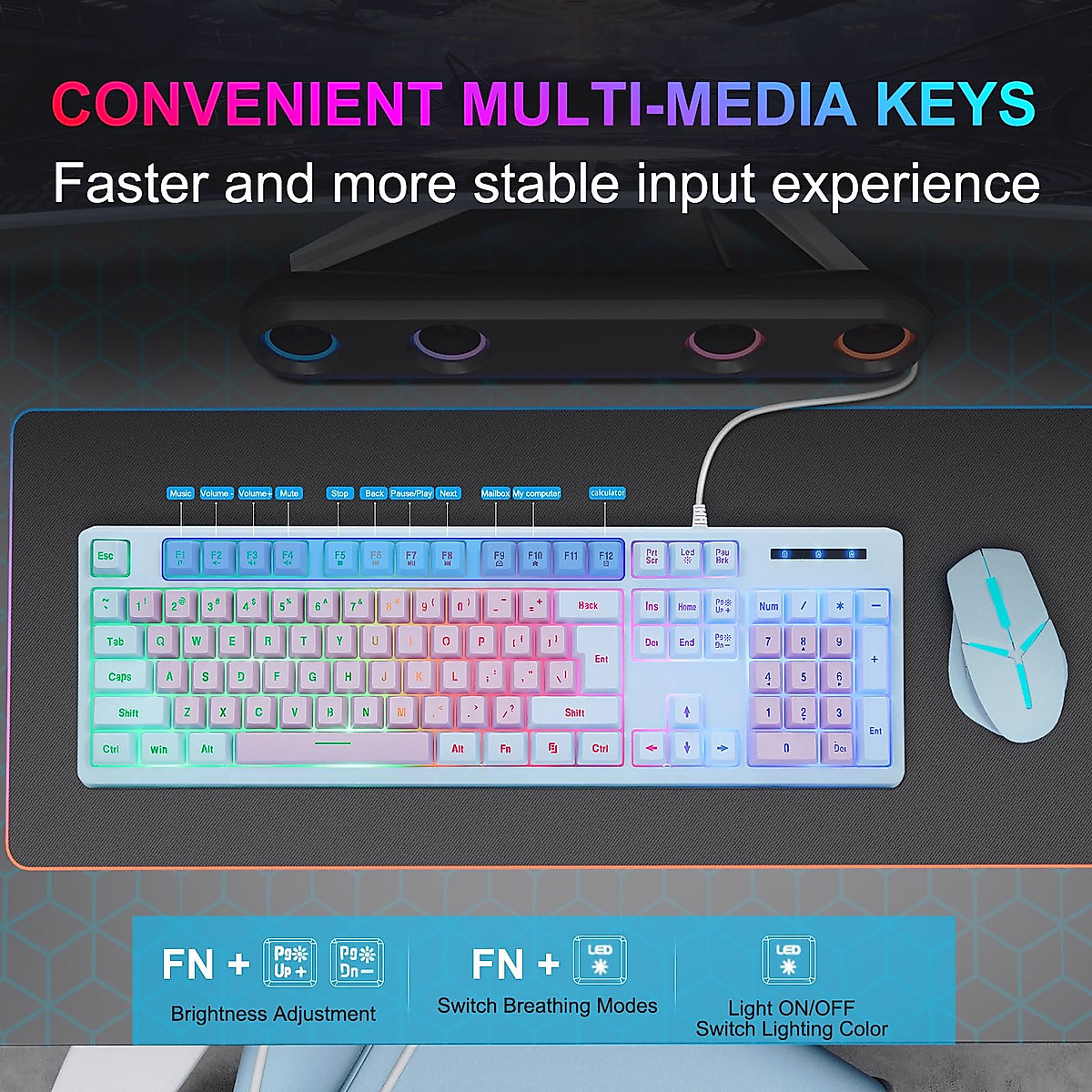 HUO JI Gaming Keyboard USB Wired with Rainbow LED Backlit, Floating Keys, Mechanical Feeling, Spill Resistant, Ergonomic for Xbox, PS Series, Desktop, Computer, PC, Purple Blue