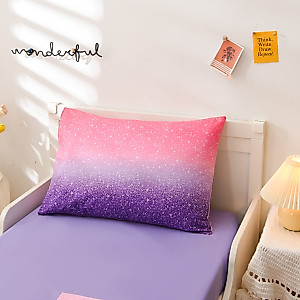 NTBED 4 Pieces Toddler Bedding Set for Baby Girls, Pink Purple Glitter Printed, Includes Comforter, Flat Sheet, Fitted Sheet and Pillowcase